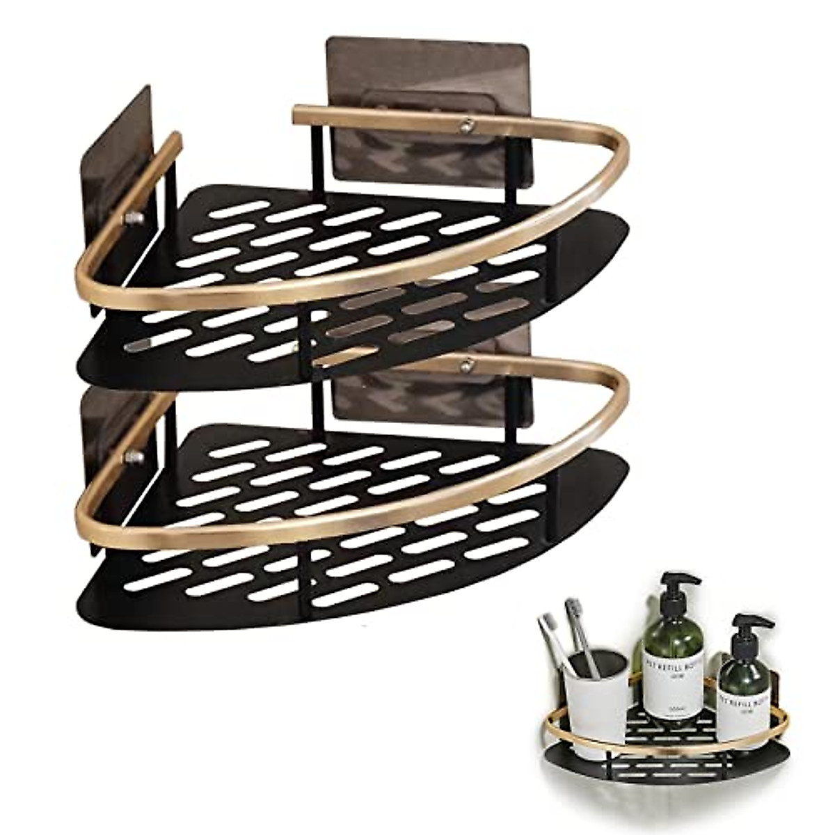 ROZZWILD Shower Caddy 2 Pack Adhesive Wall Mounted No Drilling Washstand Organizer Aluminum Alloy Rustproof Shelf Bathroom Kitchen Storage Rack Matte Black Gold (Triangle)