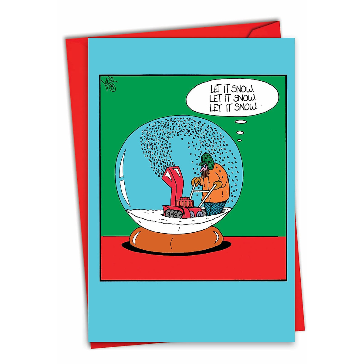 NobleWorks - Christmas Card with Envelope (4.63 x 6.75 Inch) - Cartoon Xmas Notecard Winter Holiday Card for Kids, Adults - Snowglobe Blower C7086XSG