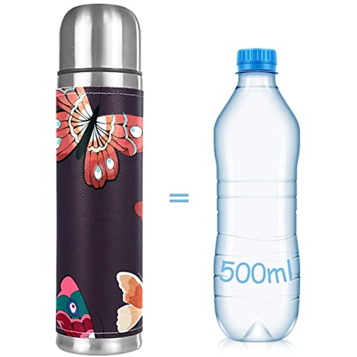 Stainless Steel Leather Vacuum Insulated Mug Butterfly Thermos Water Bottle for Hot and Cold Drinks Kids Adults 16 Oz
