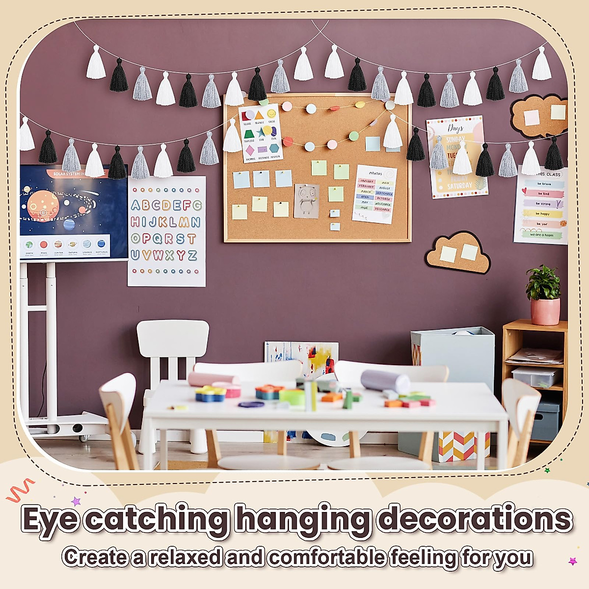 WILLBOND 4 Pieces Tassel Garland for Classroom Boho Pastel Garland Tassel Banners Decoration for Classroom School Supplies Decor Back to School(Black, White, Gray, 3.1 Inch)