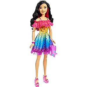 Barbie Large Doll with Black Hair, 28 Inches Tall, Rainbow Dress and Styling Accessories Including Shooting Star Handbag