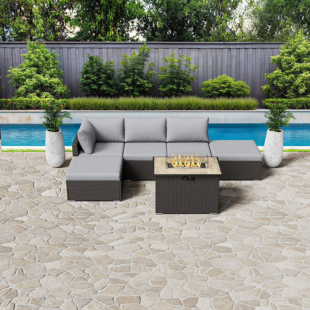 Dineli Patio Furniture Set Sofa Outdoor Furniture Set Sectional Couch Fire Pit Table Balcony Furniture Patio Table and Chairs Set with Propane Fire Pit (Light Gray, 6 pcs/firepit Table)