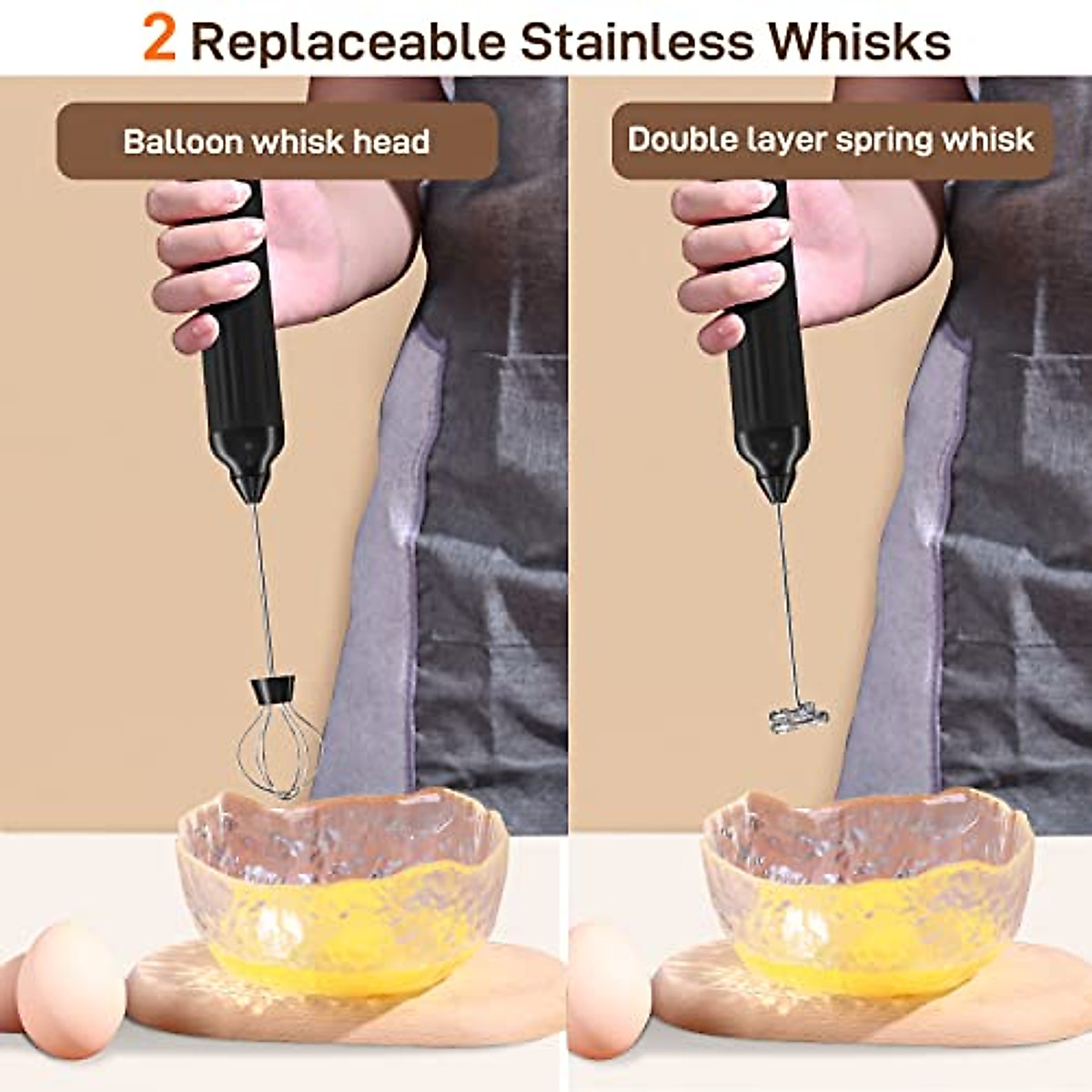 Tulevik Milk Frother For Coffee With Stand, Handheld Foam Maker, Type-C Rechargeable Drink-Mixer with 2 Stainless Whisks 3-Speed Adjustable for Coffee, Hot Chocolate, Milkshakes, Egg (Black)