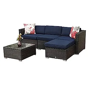 PHI VILLA Outdoor Patio Sectional Furniture Set 5 Piece Low-Back Rattan Sofa Set Wicker Patio Conversation Set with 4 Seat Cushions and 1 Tempered Glass Table (Navy Blue)