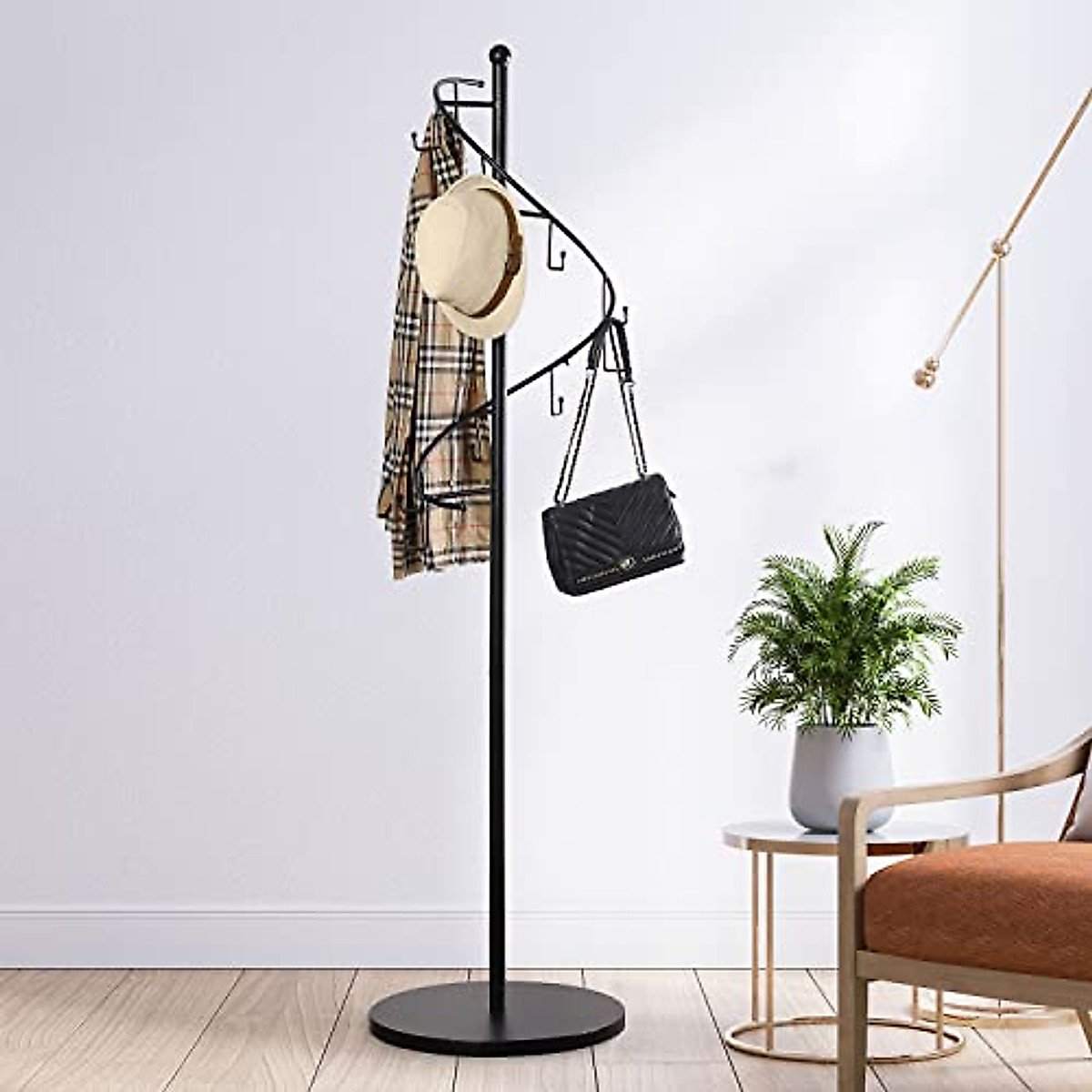 MyGift 5.5 Foot Modern Matte Black Metal Spiral Garment Rack with 10 Hooks, Freestanding Clothing Hanger Organizer Display for Coats, Bags, and Scarves