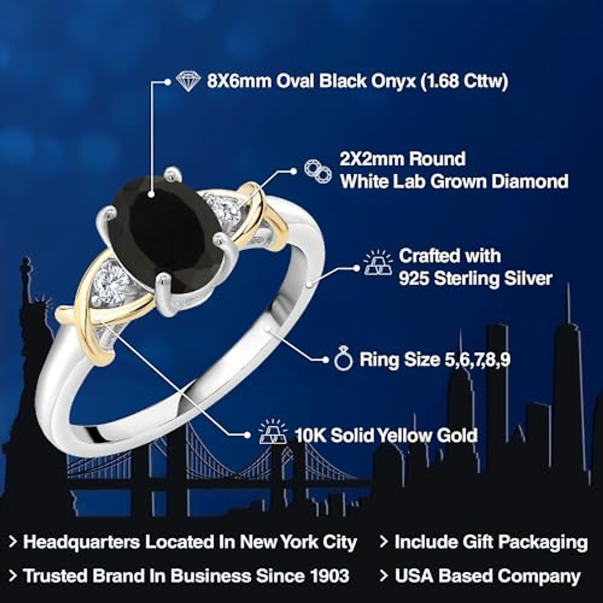 Gem Stone King 2 Tone 10K Yellow Gold and 925 Sterling Silver Black Onyx and White Lab Grown Diamond Ring For Women (1.68 Cttw, Gemstone Birthstone, Available In Size 5, 6, 7, 8, 9)