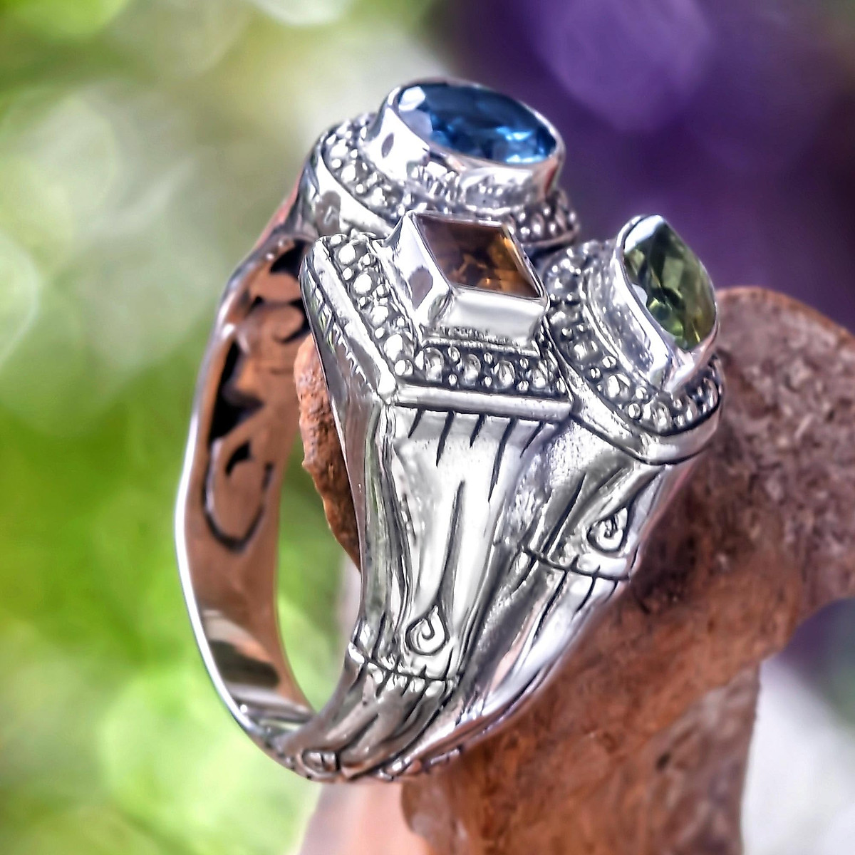 NOVICA Artisan Handmade .925 Sterling Silver Multigemstone Cocktail Ring Balinese Citrine Blue Topaz Peridot Green Multicolor Yellow Indonesia Leaf Tree Birthstone 'Splendid Bamboo'