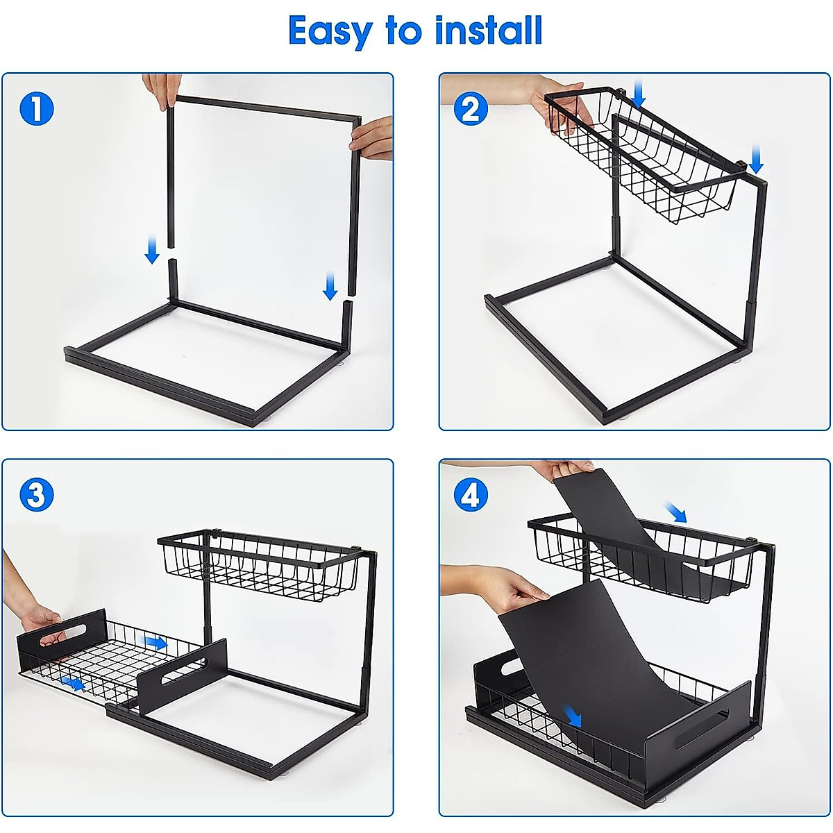2 Pack Under Sink Organizers and Storage, UINOFLE 2 Tier Sliding Cabinet Organizer Drawer with 8 Hooks Adjustable Depth Pull Out Cabinet Organizer Multi-Purpose Organizer for Bathroom Kitchen (Black)