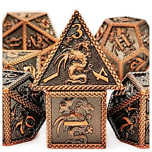 MJDICEOK Metal Dice Dragon Set 7 DND Role Playing Dice D&D Solid Dice Ancient Red Copper