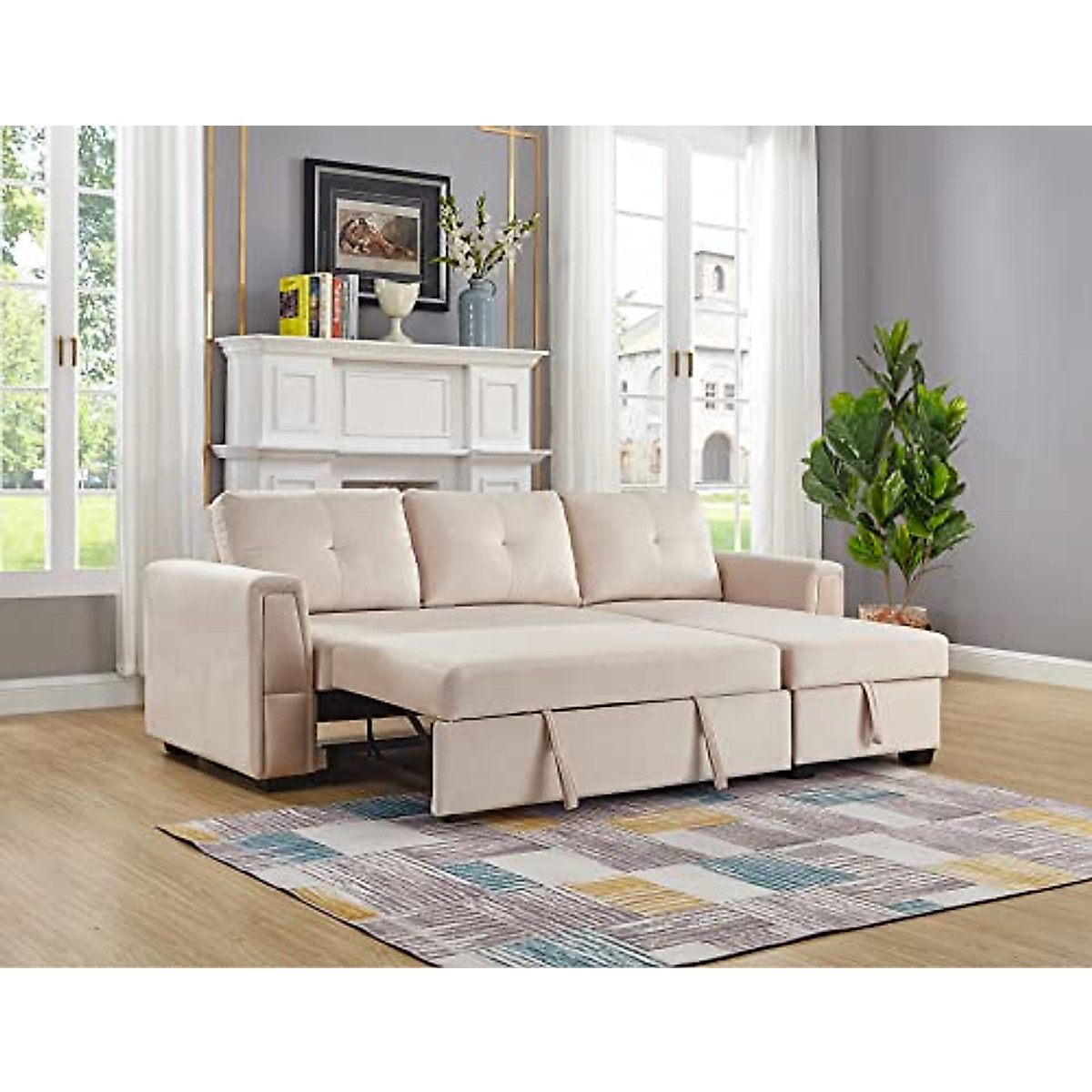Legend Vansen 91" Wide Reversible Sofabed Sectional Sofas with Chaise，Velvet Storage L-Shape Twin Size for Living Room Couch Sleeper, Cream