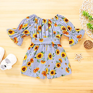 YOUNGER TREE Kids Toddler Baby Girls Summer Outfit Off-Shoulder Sunflower Overall Romper Jumpsuit Short Trousers Clothes (Sunflower, 18-24 Months)