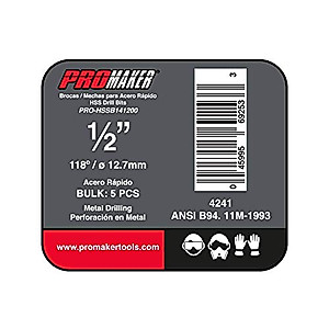 PROMAKER HSS Tip Metal Drill Bits 1/2 inch (5 PCs) for Metal, Steel, Cast Iron, Wood and Plastic 4241 PRO-HSSB141200