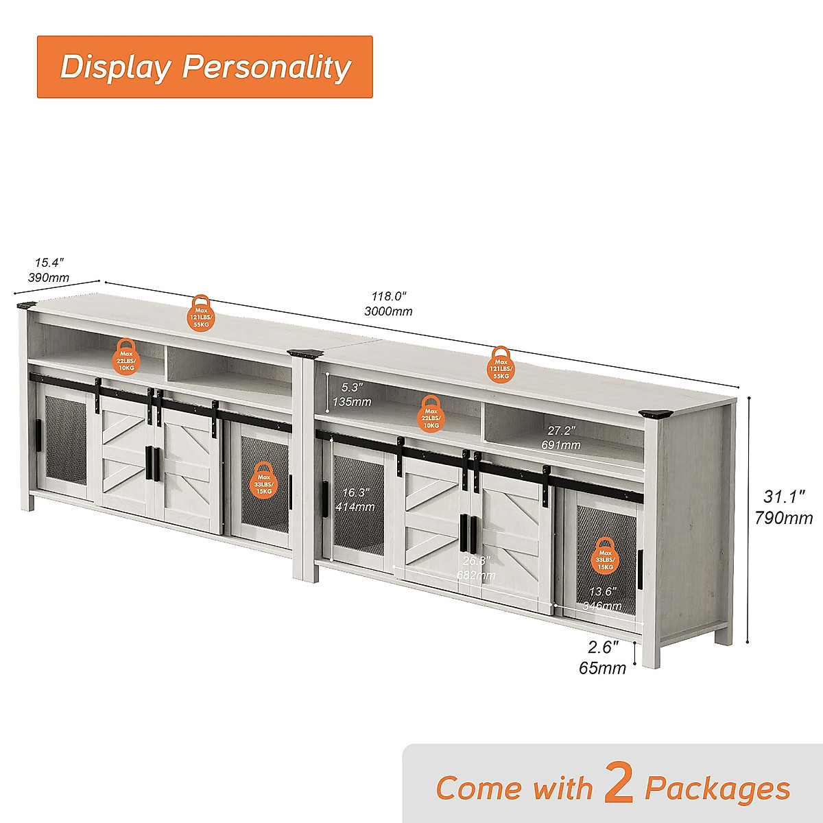 WAMPAT TV Stand for 100+ Inch TVs, Set of 2 Tall Highboy Farmhouse Entertainment Center w/Mesh & Sliding Barn Doors, Extra Wide Wood Media Console w/Adjustable Shelf & Blue LED Lights, Antique White