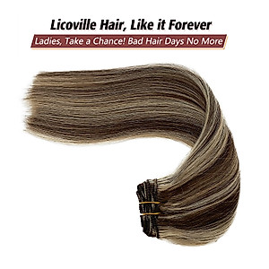 Clip in Hair Extensions Real Human Hair, 15 Inch 7PCS Human Hair Clip in Extensions Brown and Blonde Highlights Thick Full Brown Hair Extensions with Blonde Highlights Clip ins, Lightweight to Wear