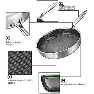 HODRME Stainless Steel Semi Nonstick Frying Pan with Lid-12 Inch Honeycomb Tri-ply Coating Anti Scratch Die Casting Skillet for Gas Electric Induction Ceramic Stoves and Oven Resistant