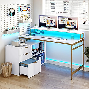 YITAHOME L Shaped Desk with Power Outlets and LED Lights, 55" Computer Desk with Drawers, Corner Office Desk with File Cabinet for Home Office, White & Gold