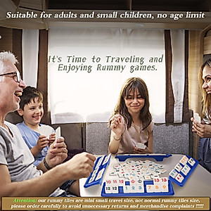 Doublefan Mini Rummy Set,Travel Size Rummy Game with Portable Bag, Mini Rummy Cube Game for Adult and Kids,106 Tiles, 4 Playing Rack, 1 Dice (2-4 Players)