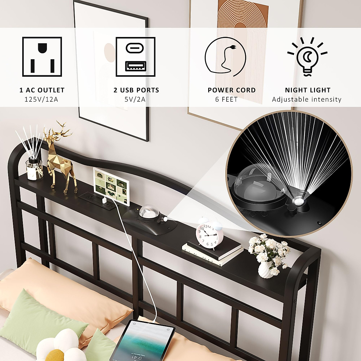 SHOANED Twin Size Metal Bed Frame - 18 Inch Heavy Duty Bedframe with Headboard & Charging Station Basic Steel Slats Platform with Galaxy Aurora Projector No Box Spring Needed, Noise-Free