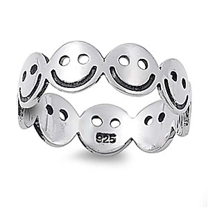 Sterling Silver 925 Happy Face Ring Smiley Face Band Women Adorable Jewelry (10)