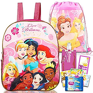 Disney Princess Backpack and Drawstring Bag for Girls Set - Bundle with 11” Princess Mini Backpack, Disney Princess Drawstring Bag, Water Bottle, Stickers, More | Princess Backpack for Girls
