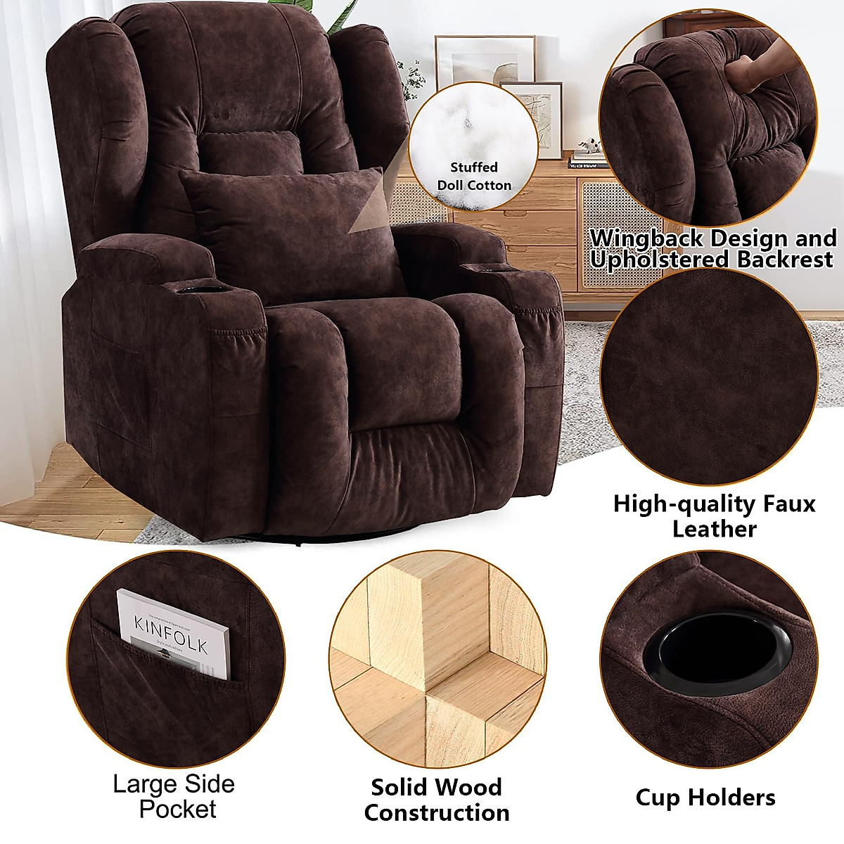 IPKIG Manual Recliner Chair - Swivel Rocker Recliner Chair, Velvet Fabric Recliner Sofa Chairs with 2 Cup Holders, Lumbar Pillow and Side Pockets for Nursery Living Room (Coffee- Manual Recliner)