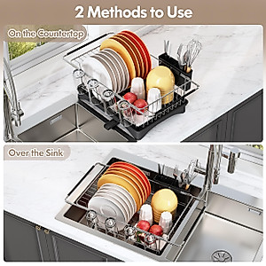 romision Sink Dish Drying Rack - Dish Drainers with Drainboard for Kitchen Counter, Use for Countertops & in-Sinks & Over-Sink, Stainless Steel Dish Dryer Racks with Utensil & Cup Holder, Silver