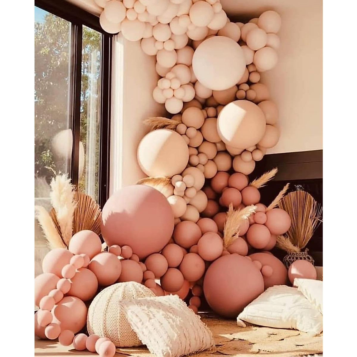 162 piece Dusty Retro Colors Balloon Arch double stuffed with a balloon arch garland kit, Retro Dusty Pink, Retro Apricot, Matte cream peach and chrome rose gold