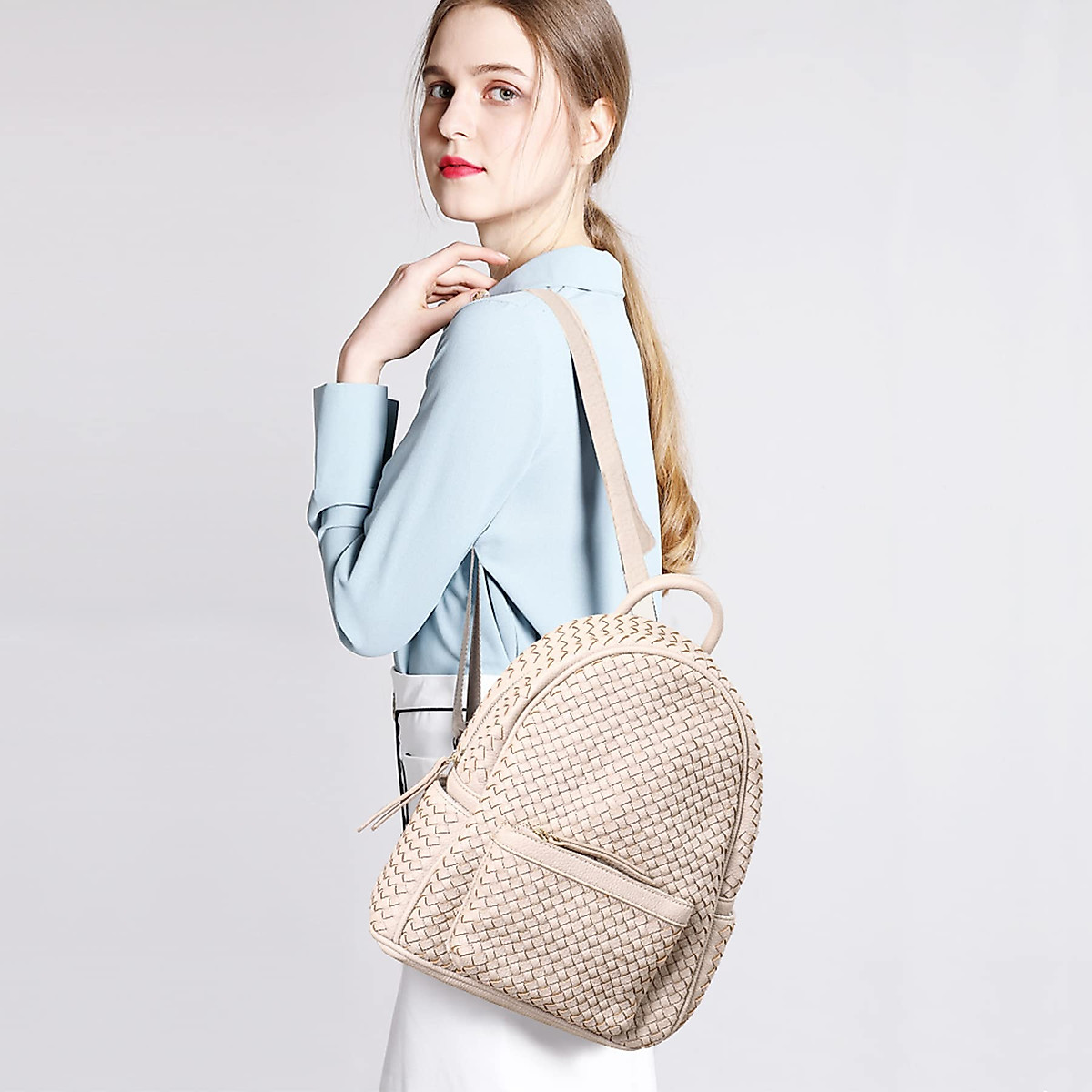 SHOMICO Women Backpack Purse Woven Trendy Stylish Casual Dayback Handbag (Large Beige Woven)