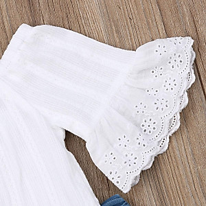 Kids Toddler Baby Girl Pants Set Off Shoulder Short Puff Sleeve Lace T-Shirt Sweatshirt Tops with Pearl Ripped Jeans Clothes Outfit (White, 5-6 Years)