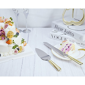 VARLKA Wedding Cake Knife and Server Set, Cake Cutting Set for Wedding, Personalized Stainless Steel Blade and ABS Gold Plated Handle Cake Cutter & Pie Server Set for Birthdays, Anniversary, Parties