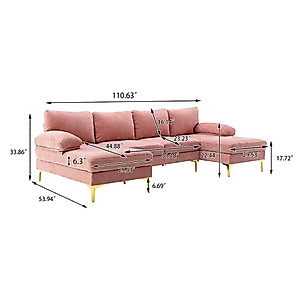 Convertible Sectional Sofa with Double Chaise Lounge, 110.63" U-Shaped Accent Sofa with 2 Arm Pillows and Golden Metal Legs, Modern Fabric Upholstered Sectional Sofa for Apartment Office, Pink