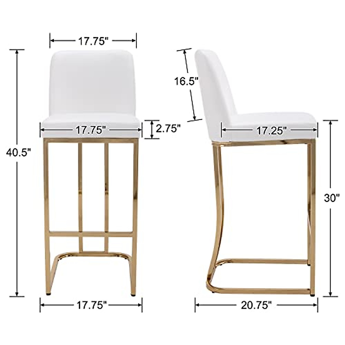 Wahson Set of 2 Classic Modern Faux Leather Upholstered 29" H Bar Height Stools, for Kitchen Island/Dining Room, with Golden Metal Frame, White