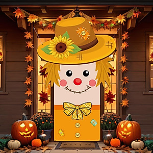Thanksgiving Door Cover Fall Scarecrow Shape Door Decorations Harvest Autumn Door Backdrop Sunflower Scarecrow Banner Backdrop for Autumn Home Decor Fall Photo Booth Props