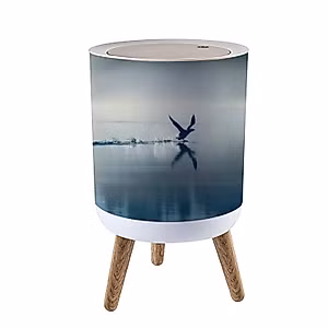 Small Trash Can with Lid Spring landscape with takeoff Loon misty morning Bird were scattered Garbage Bin Round Waste Bin Press Cover Dog Proof Wastebasket for Kitchen Bathroom Living Room 1.8 Gallon