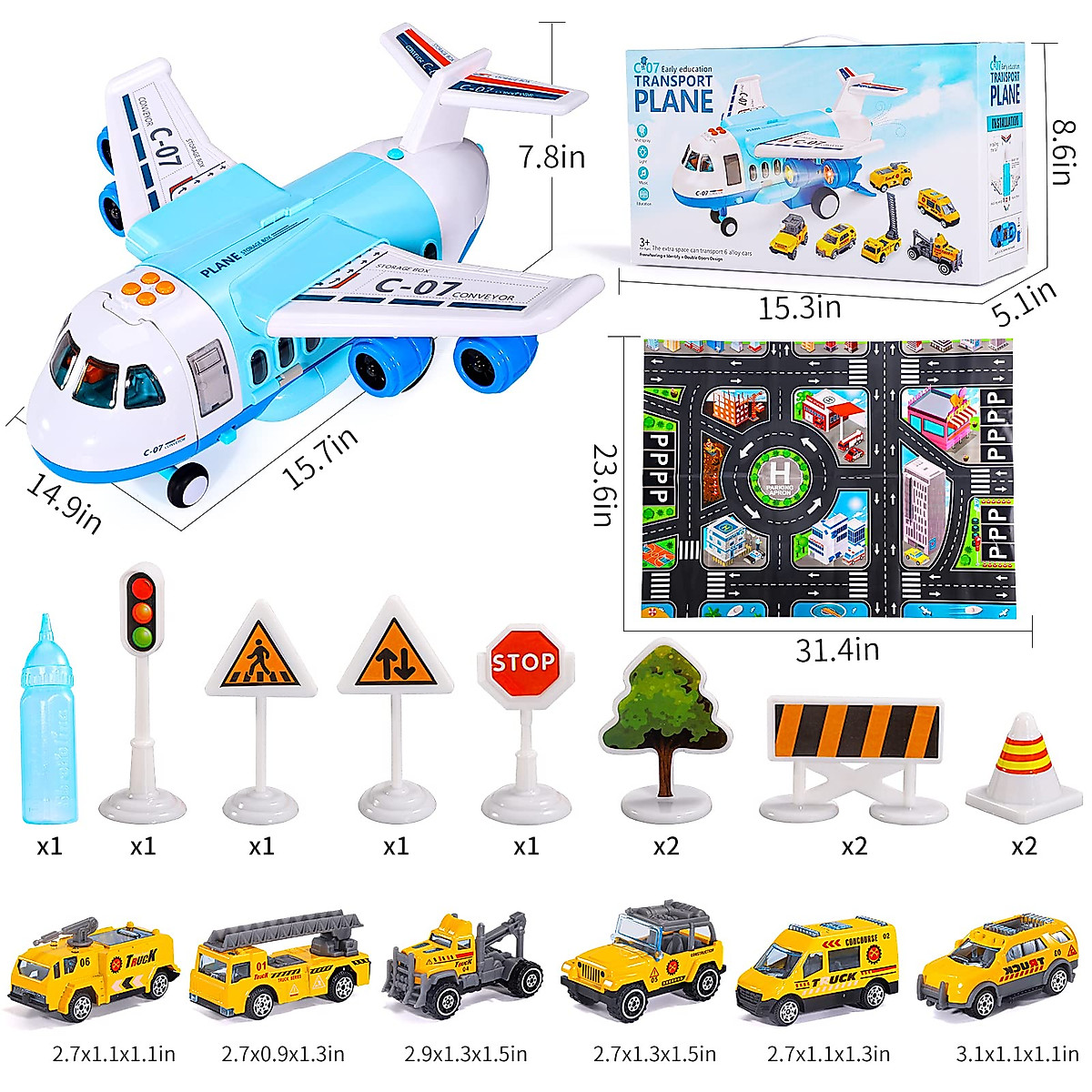 iHaHa Spray Airplane Toys for Boys Girls, Large Transport Cargo Airplane with 6 Construction Vehicle 10 Road Signs 1 Play Mat, Plane Toy with Lights Sounds for Boys Age 3 4 5 6