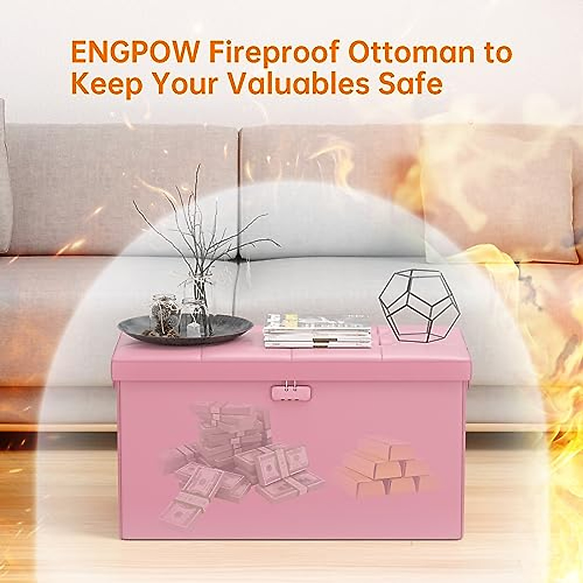 ENGPOW Storage Ottoman Bench,Fireproof Folding Storage Bench with Lock,30 Inches Fire＆Water Resistant Storage Chest Foot Rest Stool Leather Bedroom Bench with Storage Safe for Document,Valuables,Pink