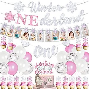 Winter Onederland Birthday Party Decorations Girl Pink Wonderland Snowflake 1st Birthday Party Supplies with Snowflake Photo Banner Winter Onederland Banner Cake Topper