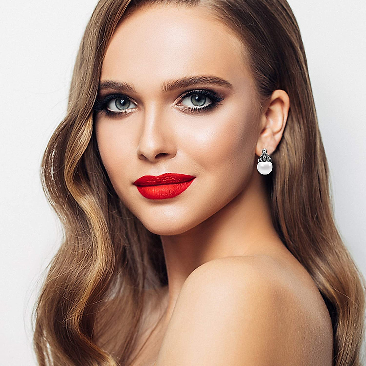 Milacolato Pearl Earrings 18K White Gold Plated 925 Sterling Silver Pearl Earrings Simulated Pearl Drop Earrings Pearl Dangle Stud Earrings Love Jewelry Gifts for Women