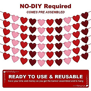Valentines Day Decorations - 120 Pcs NO DIY Heart Felt Garland for Valentines Day Decor Indoor Outdoor - Red Heart Banner for Valentines/Anniversary/Wedding/Birthday Party Supplies