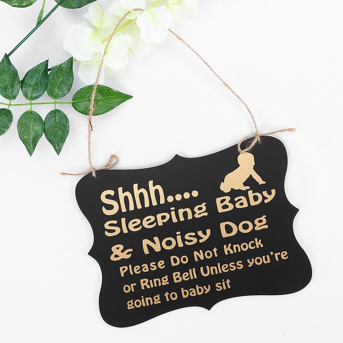 WINOMO Shhh Sleeping Baby Door Sign Do Not Disturb Sign Baby Room Hanging Wooden Decorative (Black)