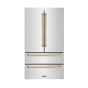 ZLINE 36" Autograph Edition 22.5 cu. ft 4-Door French Door Refrigerator with Ice Maker in Fingerprint Resistant Stainless Steel with Champagne Bronze Traditional Handles (RFMZ-36-CB)