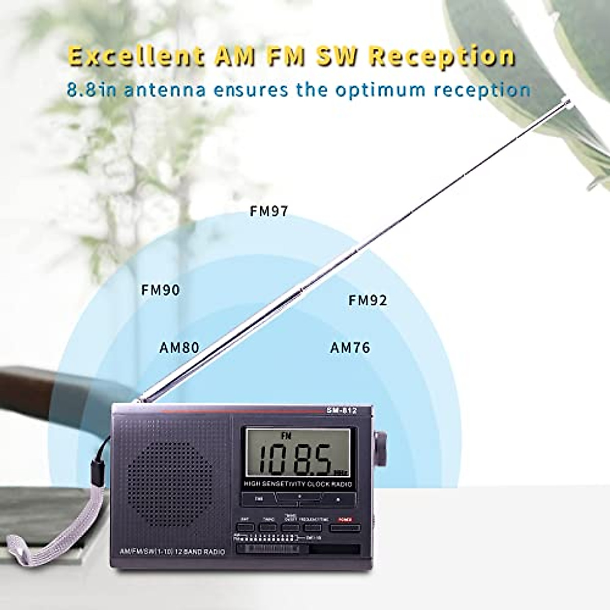 Portable AM FM SW 12 Bands Shortwave Radio, Small Walkman Digital Radio, Time Setting with Auto Power On/Off, High/Low Tone Mode, Build-in Speaker and Earphone Jack, Powered by DC or 2AA Battery