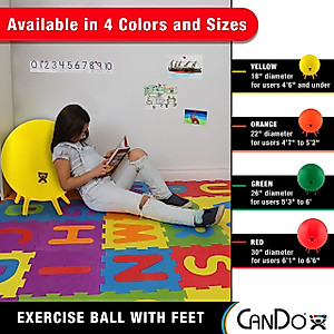 CanDo 30-1891 Non-Slip Inflatable Exercise Ball with Stability Feet for Exercise, Workout, Core Training, Yoga, Pilates, Active Sitting in Gym, Office, Home or Classroom. Yellow 18"