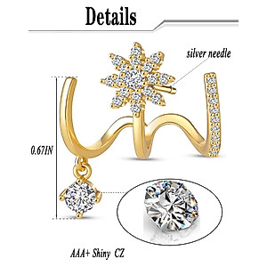 Ofeiyaa 6 Pairs Earrings Stud Claw Ear Cuff X-shaped Heart Snowflake Shiny CZ Trendy Minimalist Dainty Double Wrap Huggie Earrings for Women Gold Tone