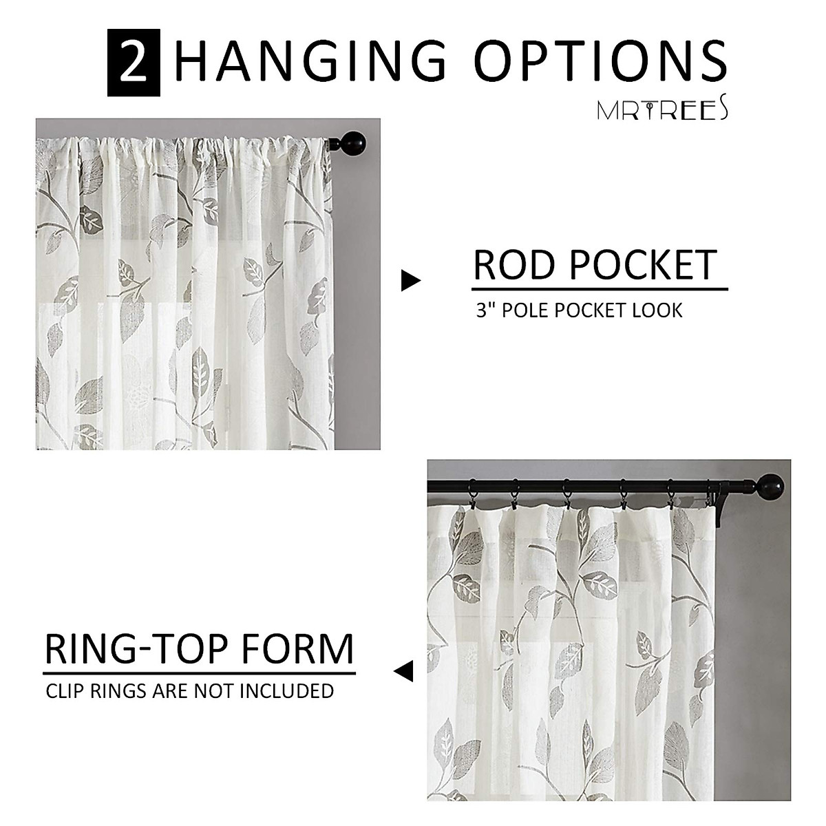 MRTREES Sheer Printed Valance Curtains for Kitchen Windows, Small Modern Rod Pocket Voile Valance Window Treatment Decor for Bathroom Basement(1 Pack, 54" W x 16" L, White with Grey Floral Pattern)