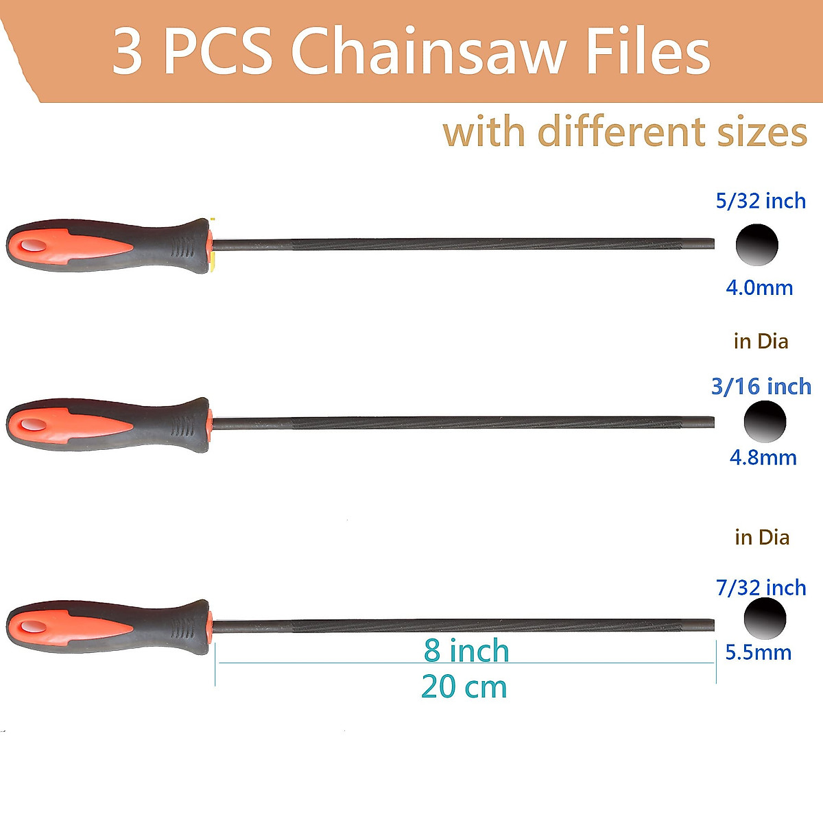 SKZIRI Chainsaw File Set with 3 Sizes 5/32, 7/32, 3/16 inch, 3PCS Chainsaw Sharpener Set Tool Kit Chain Sharpening File Sharpening File Steel with Plastic Handle Round Files for Chainsaw Chain
