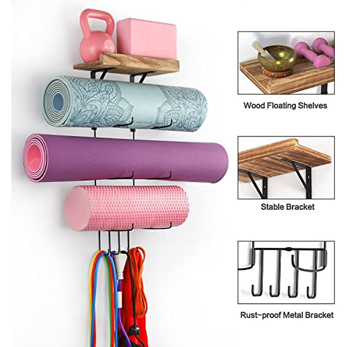 VINAEMO Yoga Mat Holder Accessories Wall Mount Organizer Storage Decor Foam Roller and Towel Storage Rack with 4 Hooks and Wooden Shelves Yoga Mats Rack Block Resistance Bands for Home Gym School