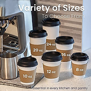 Fit Meal Prep [50 Pack] 16 oz Hot Beverage Disposable White Paper Coffee Cup with Black Dome Lid and Kraft Sleeve Combo, Medium Grande