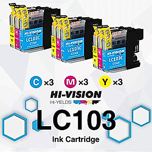 HI-VISION HI-YIELDS Compatible LC-103XL Ink Cartridges Replacement for Brother LC103XL 103XL Work with MFC-J4310DW J4410DW J4510DW J4610DW J4710DW, (3X Cyan, 3X Magenta, 3X Yellow, Total 9-Pack)