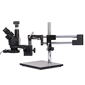 AmScope SM-4TZ-FRL-MB Digital Professional Trinocular Stereo Zoom Microscope, WH10x Eyepieces, 3.5X-90X Magnification, 0.7X-4.5X Zoom Objective, 8W Fluorescent Ring Light, Double-Arm Boom Stand, 110V-120V, Includes 0.5X and 2.0X Barlow Lenses and 1.3MP Ca